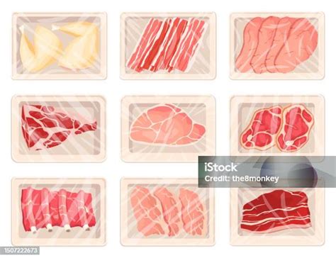 고기 포장 아이콘입니다 스테이크 햄 돼지고기 베이컨 소고기 양고기 플라스틱 트레이 정육점 카운터 용 제품 팩에 슈퍼마켓 음식