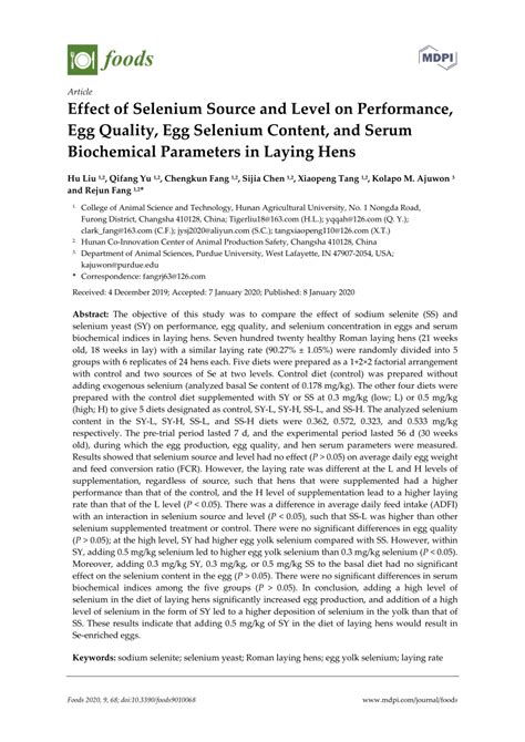 Pdf Effect Of Selenium Source And Level On Performance Egg Quality Egg Selenium Content And