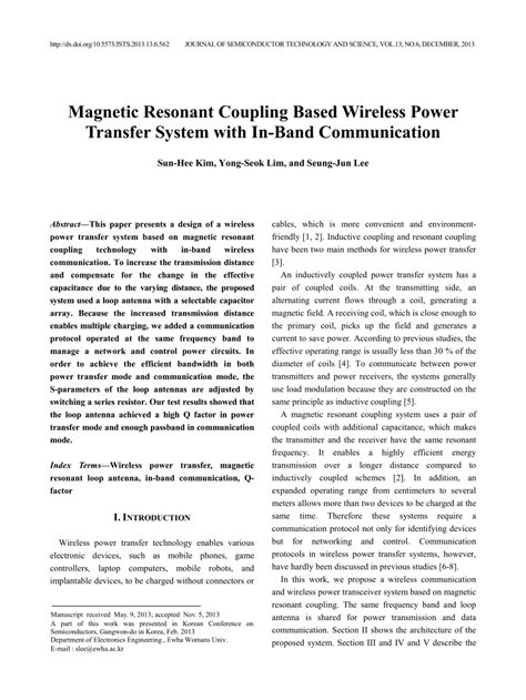 Pdf Magnetic Resonant Coupling Based Wireless Power Transfer System With In Band Communication