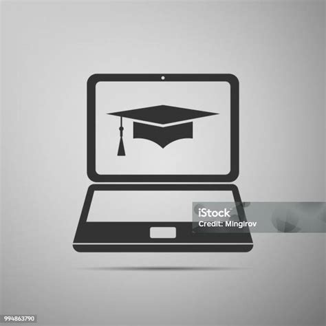 졸업 모자 및 노트북 아이콘입니다 온라인 학습 또는 전자 학습 개념 아이콘 회색 배경에 고립 평면 디자인입니다 벡터 일러스트 레이 션 가상현실에 대한 스톡 벡터 아트 및