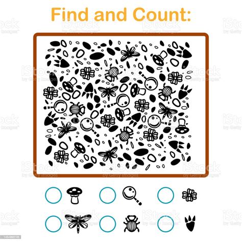 나는 아이들을위한 스파이 게임 공룡 테마 개체가 있는 미취학 아동을 위한 활동 검색 및 계산 아이들을위한 재미있는 인쇄 가능한 퍼즐 워크 시트 0명에 대한 스톡 벡터 아트