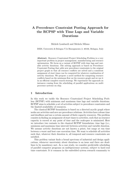 Pdf A Precedence Constraint Posting Approach For The Rcpsp With Time
