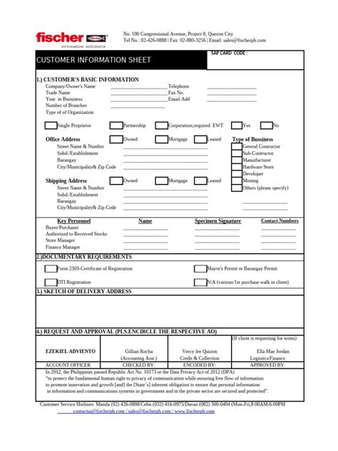 Customer Info Sheet Pdf