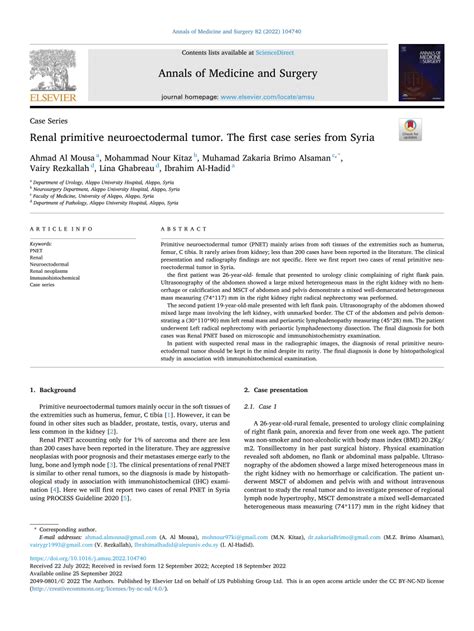 Pdf Renal Primitive Neuroectodermal Tumor The First Case Series From Syria