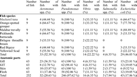 Prevalence Of Aeromonas Spp Pseudomonas Spp Vibrio Spp Salmonella Download Scientific