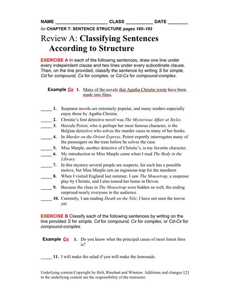 review a classifying sentences according to structure docest
