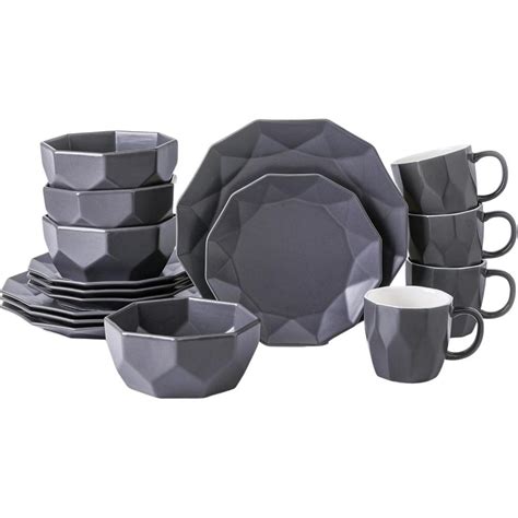 Stone Lain Jamie Porcelain 16 Piece Geometric Dinnerware Set Grey