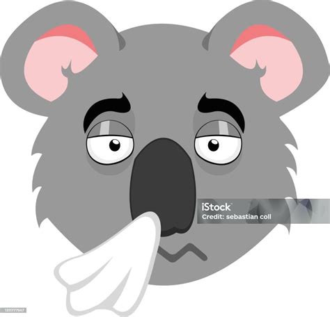 고알라의 머리의 벡터 이모티콘 일러스트 만화는 피로의 표정 추위와 조직으로 코를 불고 감기와 독감에 대한 스톡 벡터 아트 및 기타 이미지 감기와 독감 건강관리와 의술