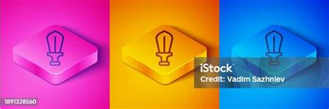 등각 투영 라인 칼 장난감 아이콘은 분홍색과 주황색 파란색 배경에 고립되어 있습니다 사각형 버튼 벡터 3차원 형태에 대한 스톡 벡터 아트 및 기타 이미지 Istock