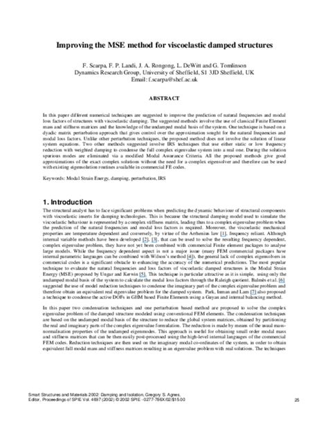 pdf improving the mse method for viscoelastic damped structures
