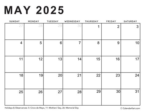 30 Day May 2025 Blank Calendar