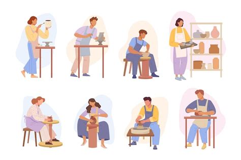 세라믹 스튜디오 점토 냄비 워크샵 벡터 만화 사람에서 도자기 점토 취미 사람들 만들기 프리미엄 벡터
