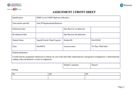 5064 Assignment 2 Assignment 2 Front Sheet Qualification Btec Level 5 Hnd Diploma In Business