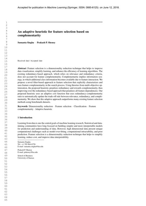 Pdf An Adaptive Heuristic For Feature Selection Based On Complementarity