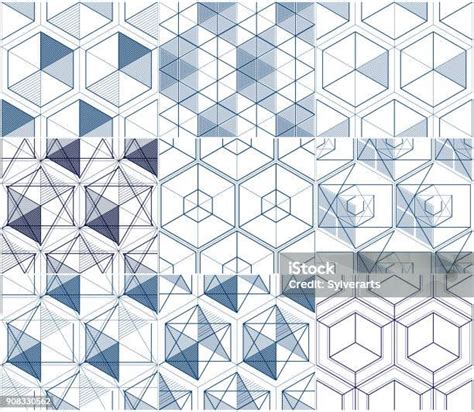 기하학적 인 큐브 원활한 패턴 세트 3d 벡터 배경 컬렉션을 추상화합니다 끝 없는 그림을 선 그리기 엔지니어링 기술 스타일입니다