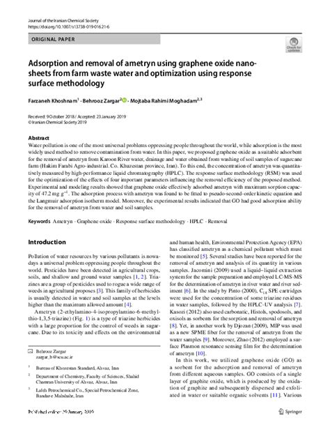 Pdf Adsorption And Removal Of Ametryn Using Graphene Oxide Nano