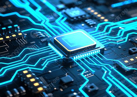 Glowing Blue Circuit Board With Central Processor Processor Cpu Microchip Background Image