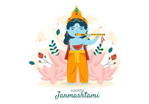 평면 만화 그림에서 인도의 해피 크리슈나 잔마슈타미 축제 프리미엄 벡터
