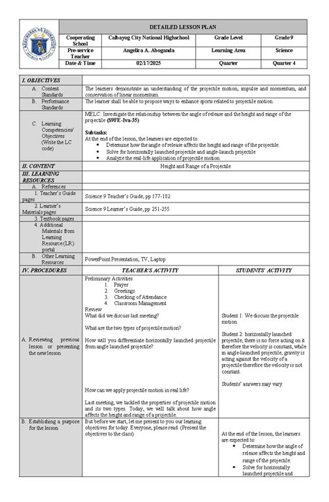 Projectile Motion Dlp Day 2 Understanding Angles And Ranges In Science 9