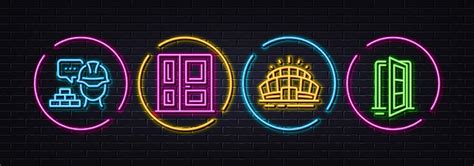 경기장 경기장 건물 및 입구 최소 라인 아이콘 웹 응용 프로그램 인쇄용 네온 레이저 3d 조명 벡터 가구에 대한 스톡 벡터 아트