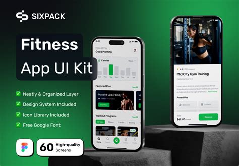 60屏双配色健身房运动锻炼数据统计分析app用户界面设计figma模板套件 sixpack fitness and workout