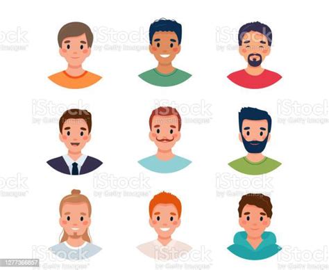 남자 아바타 세트 귀여운 젊은 남자의 다양성 그룹 플랫 스타일의 벡터 일러스트레이션 턱수염에 대한 스톡 벡터 아트 및 기타 이미지 턱수염 갈색 머리 곱슬 머리