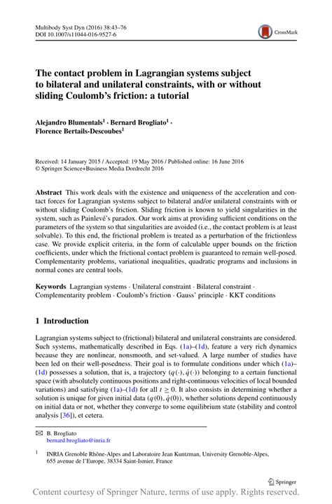 The Contact Problem In Lagrangian Systems Subject To Bilateral And Unilateral Constraints With