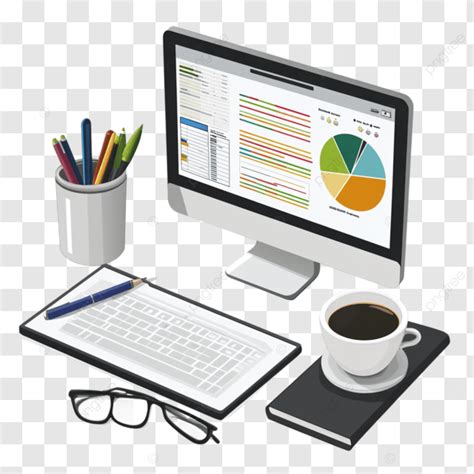 modern work desk setup with a computer displaying data analytics