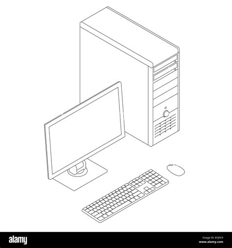 Outline Of The Computer With A Monitor Keyboard And Mouse Isometric View Vector Illustration