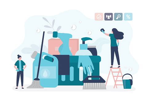 청소 서비스 또는 회사 개념 하우스키핑 다양한 청소 도구를 사용하는 여성 노동자 집안일을 하는 여자 팀 전문 직업 벽과 가구를 씻는 여성 관리인 가사 집안일에 대한 스톡