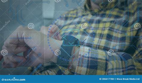 digital interface with data processing against mid section of man using