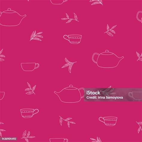 컵 주전자 찻잎 이음새가 없는 무늬 손으로 낙서 스타일로 그려져 있습니다 뜨거운 음료 다도 섬유 포장지 배경 벽지 고풍스런에 대한 스톡 벡터 아트 및 기타 이미지 Istock