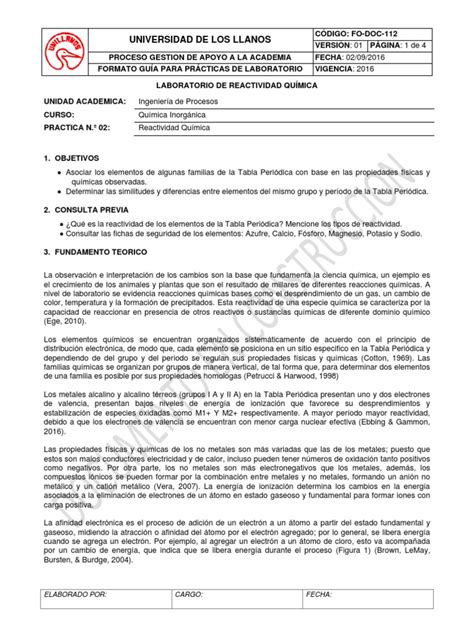 Práctica 3 Reactividad Química Pdf Ion Rieles