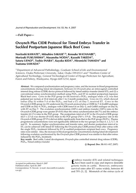 Pdf Ovsynch Plus Cidr Protocol For Timed Embryo Transfer In Suckled Postpartum Japanese Black