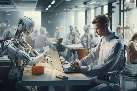 Premium Photo Humanoid Robots Collaborating With Humans In A Mod 00394 01