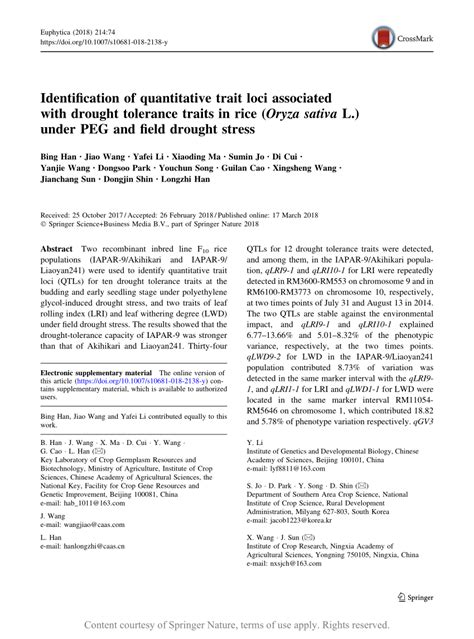 Identification Of Quantitative Trait Loci Associated With Drought Tolerance Traits In Rice