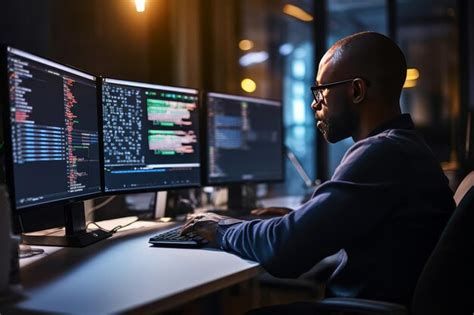 Premium Photo African American Developer Coding At Desk With Multiple