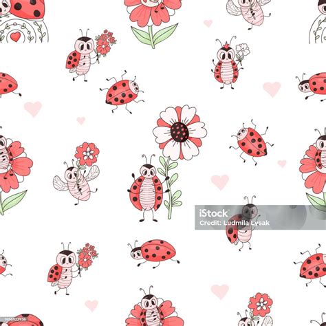 Seamless Pattern With Cute Ladybug Characters Insects Ladybird With