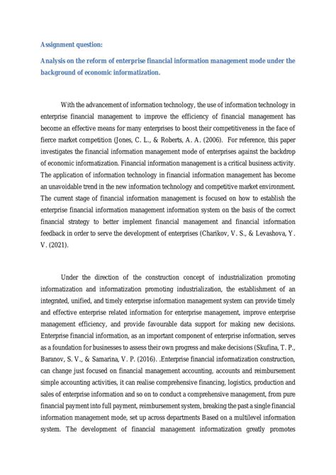 Assignment Discussing The Reform Of Enterprise Financial Information Management Mode Under The