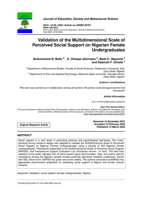 Pdf Validation Of The Multidimensional Scale Of Perceived Social Support On Nigerian Female