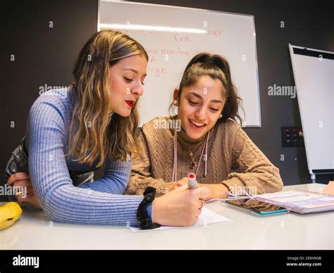 Student With Marker Explaining Information For Smiling Classmate While