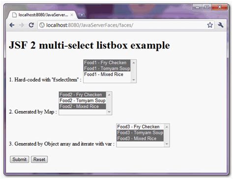 JSF 2 Multiple Select Listbox Example Mkyong Com