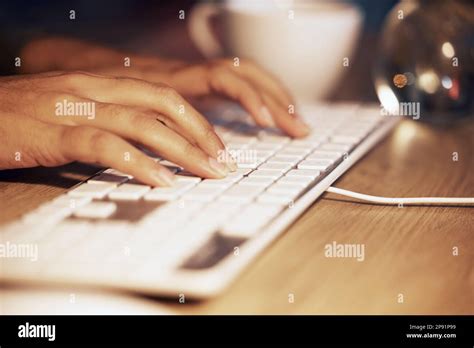 Keyboard Hands And Night Woman Typing Online Data Analysis Feedback Report Or Customer