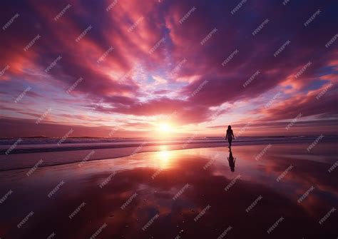 Premium Photo Person Walking On Beach At Beautiful Sunset