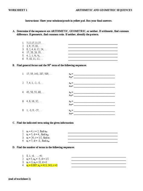sequences worksheet with answers pdf fill online printable