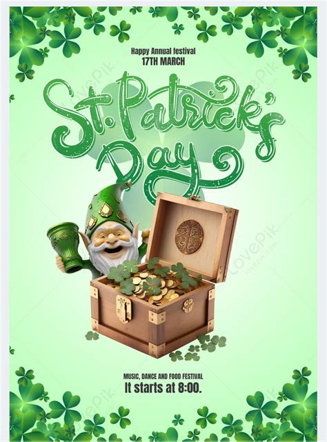 Template Kotak Koin Emas Kartun Poster Hari St Patrick Semanggi Kerdil 3d Tiga Dimensi Untuk