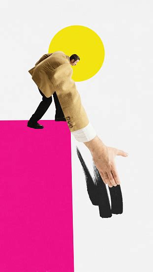 사업가와 현대 미술 콜라주 노동자가 흰색 배경 위에 도움을 주기 위해 손을 내밀고 있다 지원 지원 비즈니스 사무실 개념 30 34세에 대한 스톡 사진 및 기타 이미지