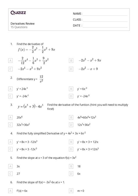50 Derivatives Worksheets For 11th Grade On Quizizz Free And Printable