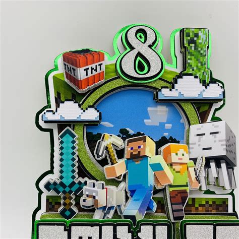Light Up Minecraft Cake Topper Fully Customized 3d Cake Topper Videogame Party Steve And Friends