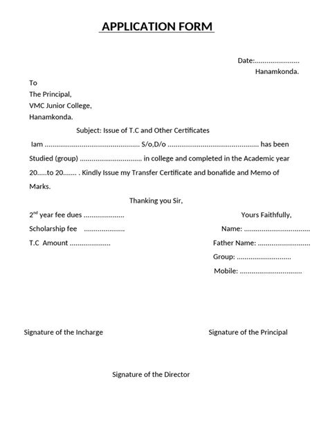 Application Form For Tc Pdf